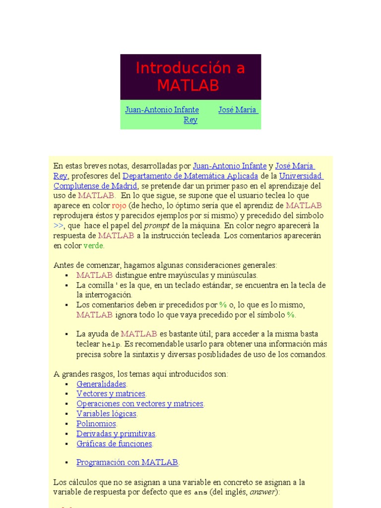 Introducción A MATLAB | PDF | Matriz (Matemáticas) | Estructura de ...