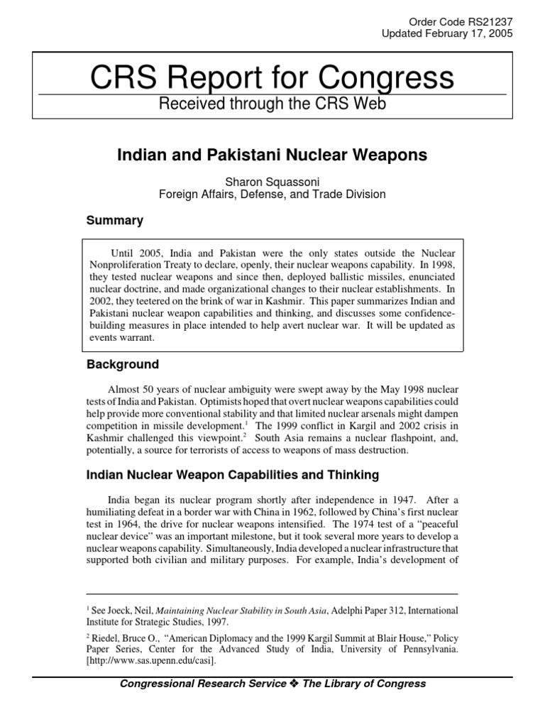 CRS Report For Congress: Indian and Pakistani Nuclear Weapons | PDF ...