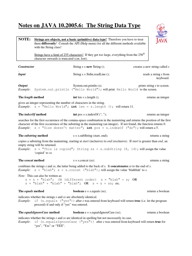 Notes On Java 10 2005 6 The String Data Type Constructor Input Pdf String Computer