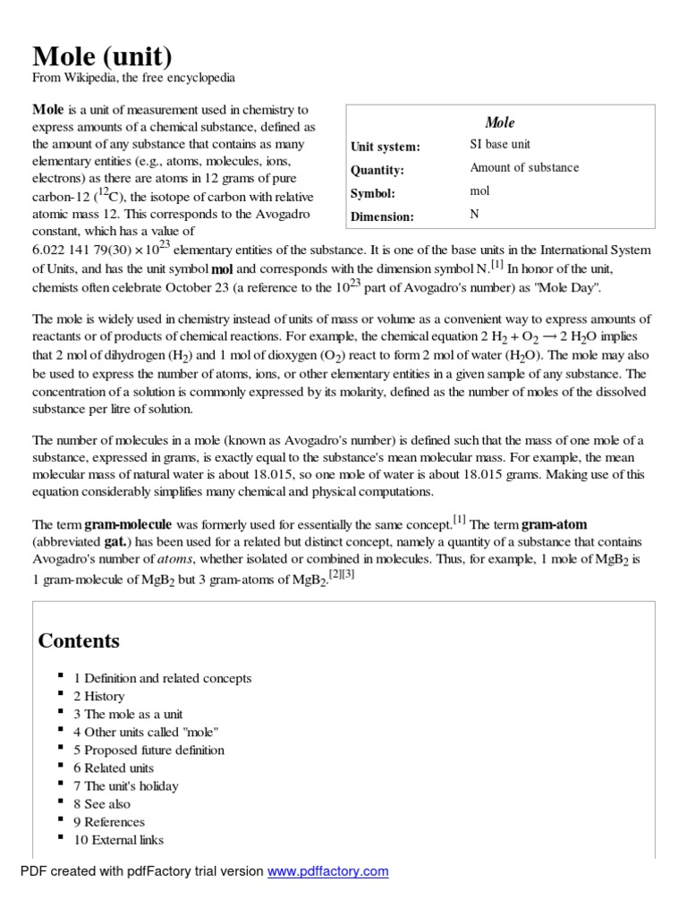 Mole (Unit) - Wikipedia, The Free Encyclopedia | PDF | Mole (Unit ...