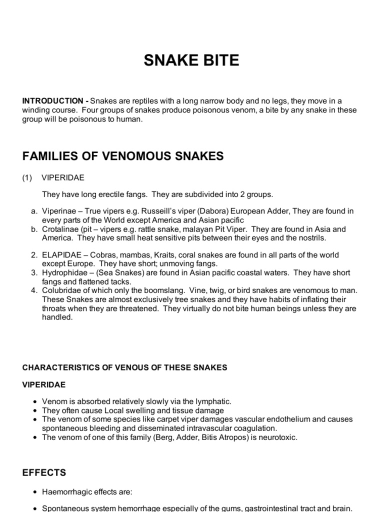 Snake Bite: Families of Venomous Snakes | PDF | Snake | Clinical Medicine