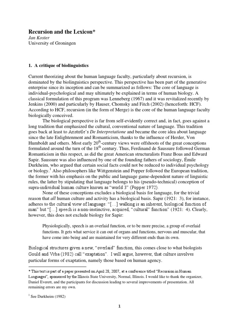 Recursion and The Lexicon1 | PDF | Syntax | Linguistics
