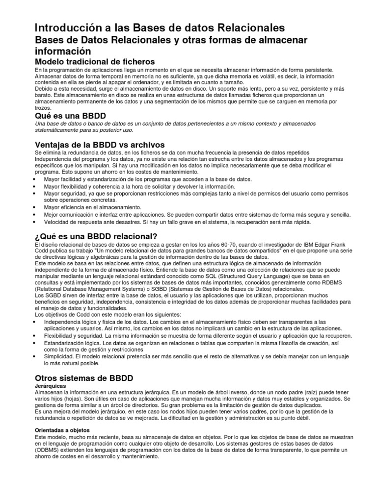 Introducción a BBDD Relacionales | PDF | Modelo relacional | Bases de datos