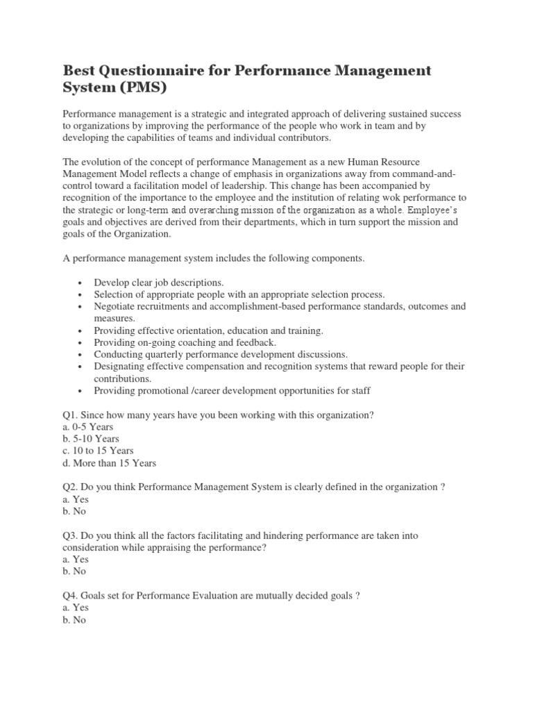 Best Questionnaire for Performance Management System | Performance ...