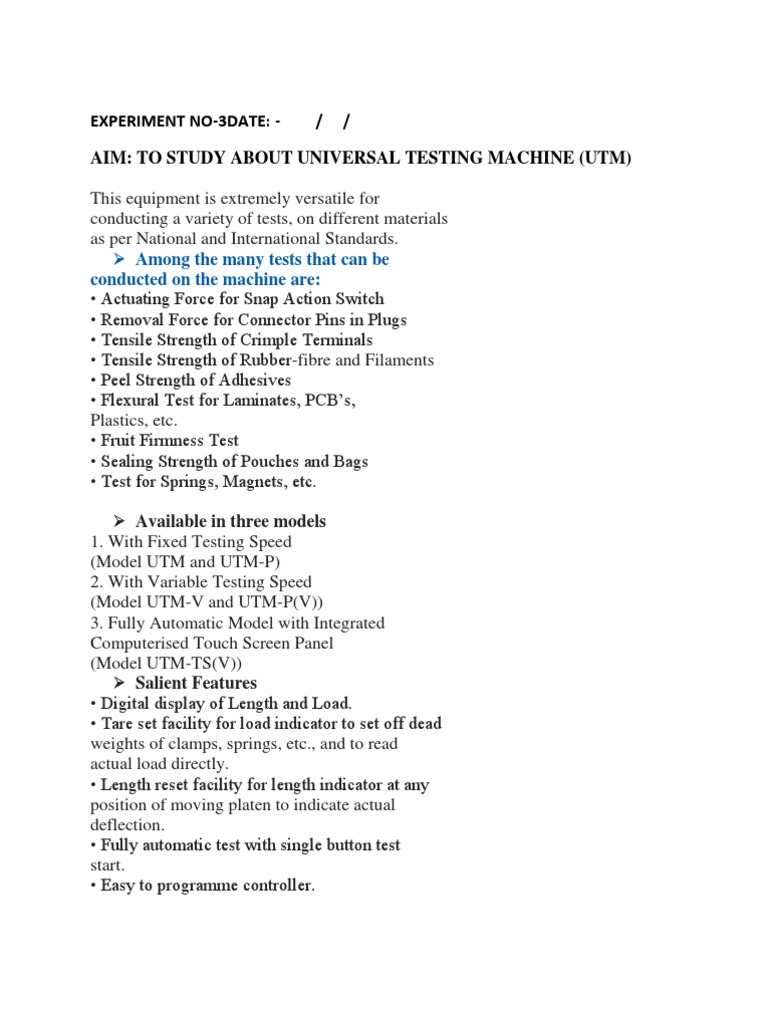 Experiment No-3Date: - / / Aim: To Study About Universal Testing ...