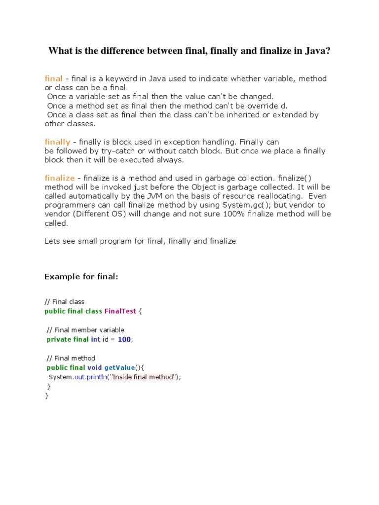 What Is The Difference Between Final, Finally and Finalize in Java? | PDF