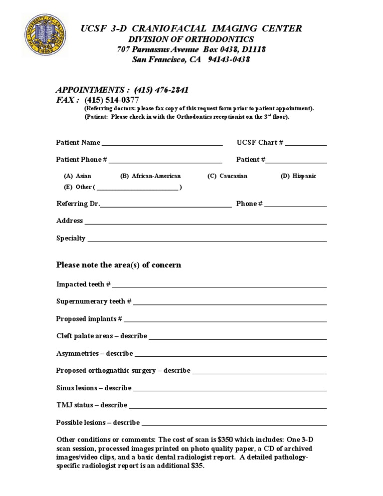 UCSF Orthodontics Imaging Request Form | PDF | Science & Mathematics
