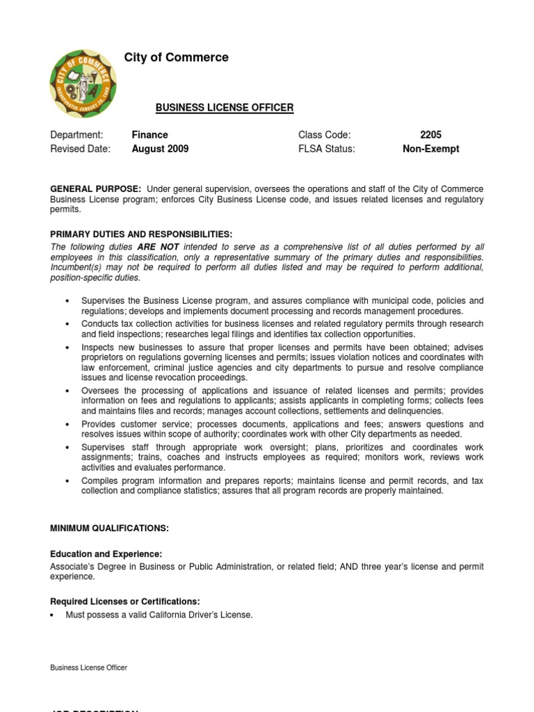 Business License Officer - Duties | PDF | Regulatory Compliance ...