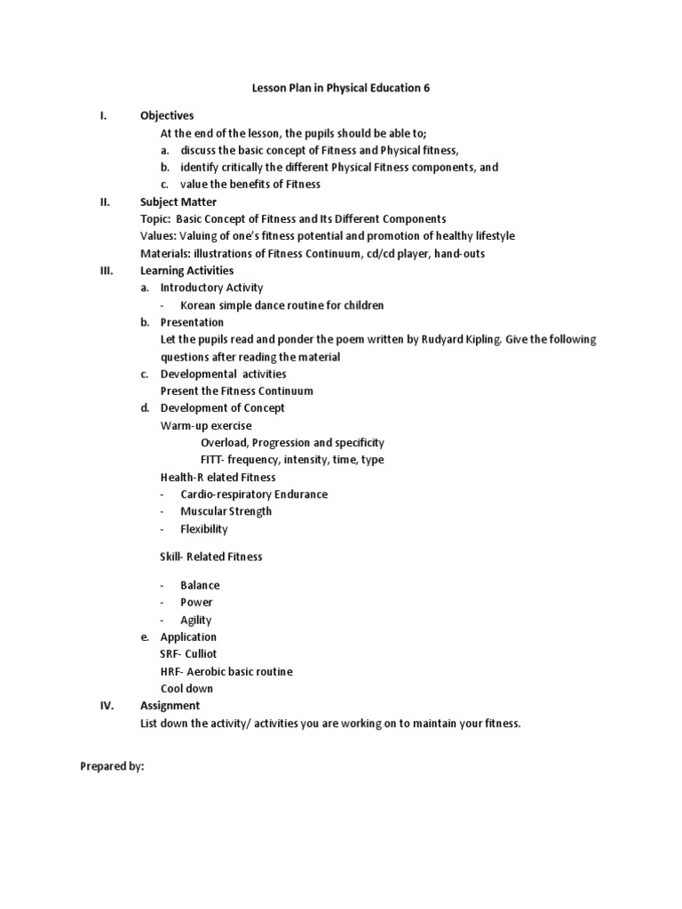 Grade 6 Physical Education Lesson Plan | PDF | Physical Fitness ...