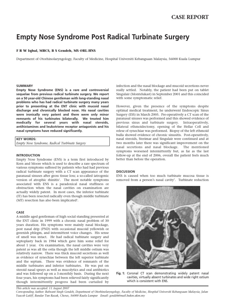 Empty Nose Syndrome Post Radical Turbinate Surgery: Case Report | PDF ...