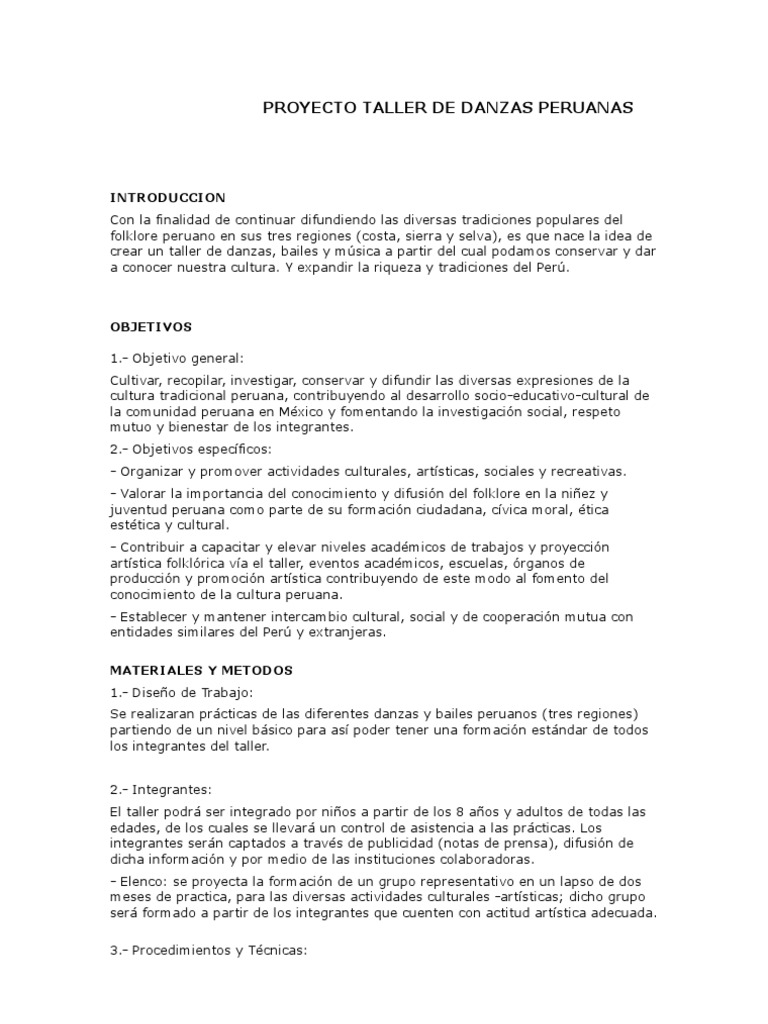 Proyecto Taller de Danzas Peruanas | PDF | Perú | Educación avanzada