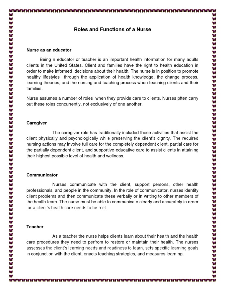 Roles and Functions of Nurses Explained | PDF | Nursing | Leadership