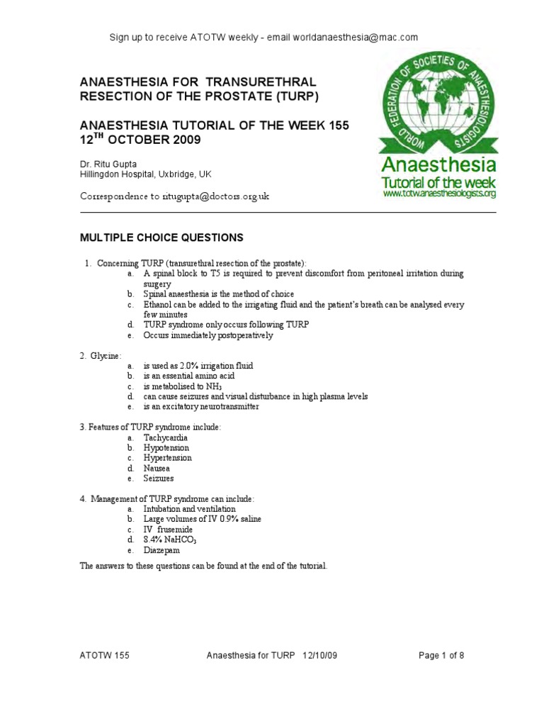 Anaesthesia for TURP Guide | PDF | Clinical Medicine | Medicine