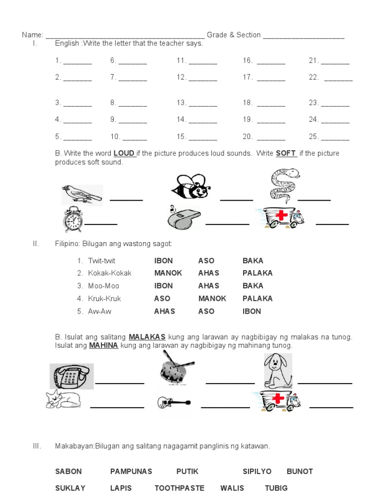 Kindergarten Worksheet with English, Filipino, Makabayan and Math ...