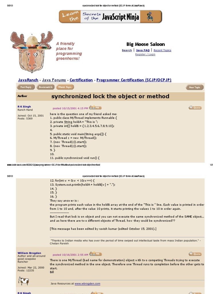 Synchronized Lock The Object or Method (SCJP Forum at JavaRanch) | PDF | Thread (Computing ...