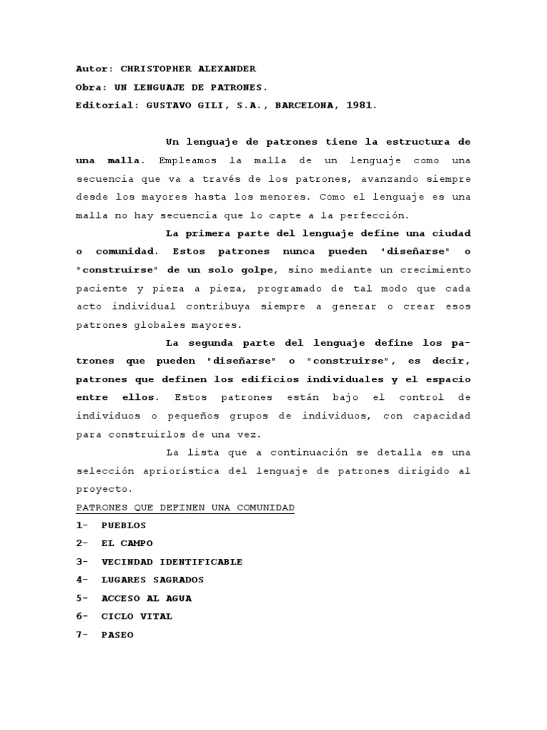 Alexander - Lenguaje Patrones | PDF | Calle | Ciudad