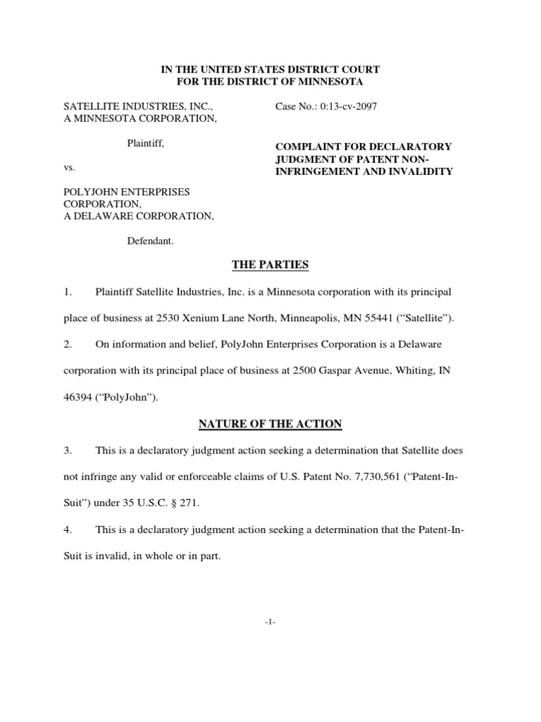 Satellite Industries Patent Dispute Case | PDF | Declaratory Judgment ...
