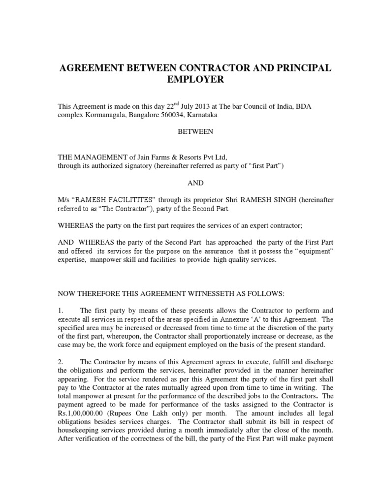 Agreement Between Contractor and Principal Employer | PDF | Independent ...