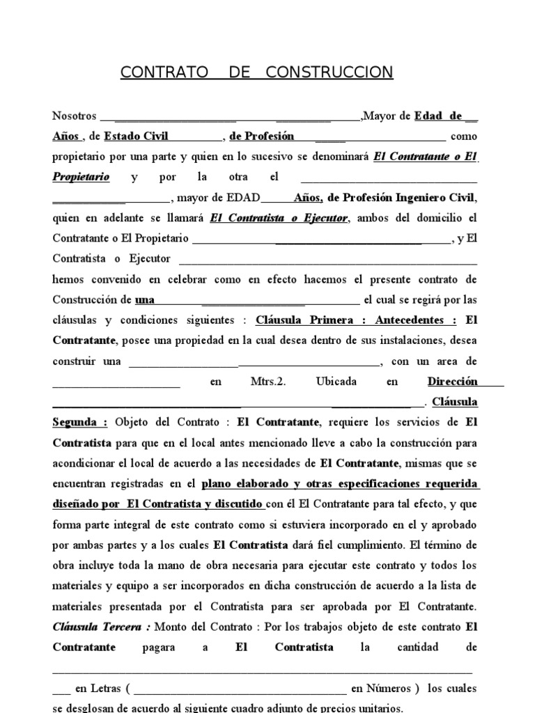 FORMATO de Contrato de Construcción | Descargar gratis PDF | Pagos | Presupuesto