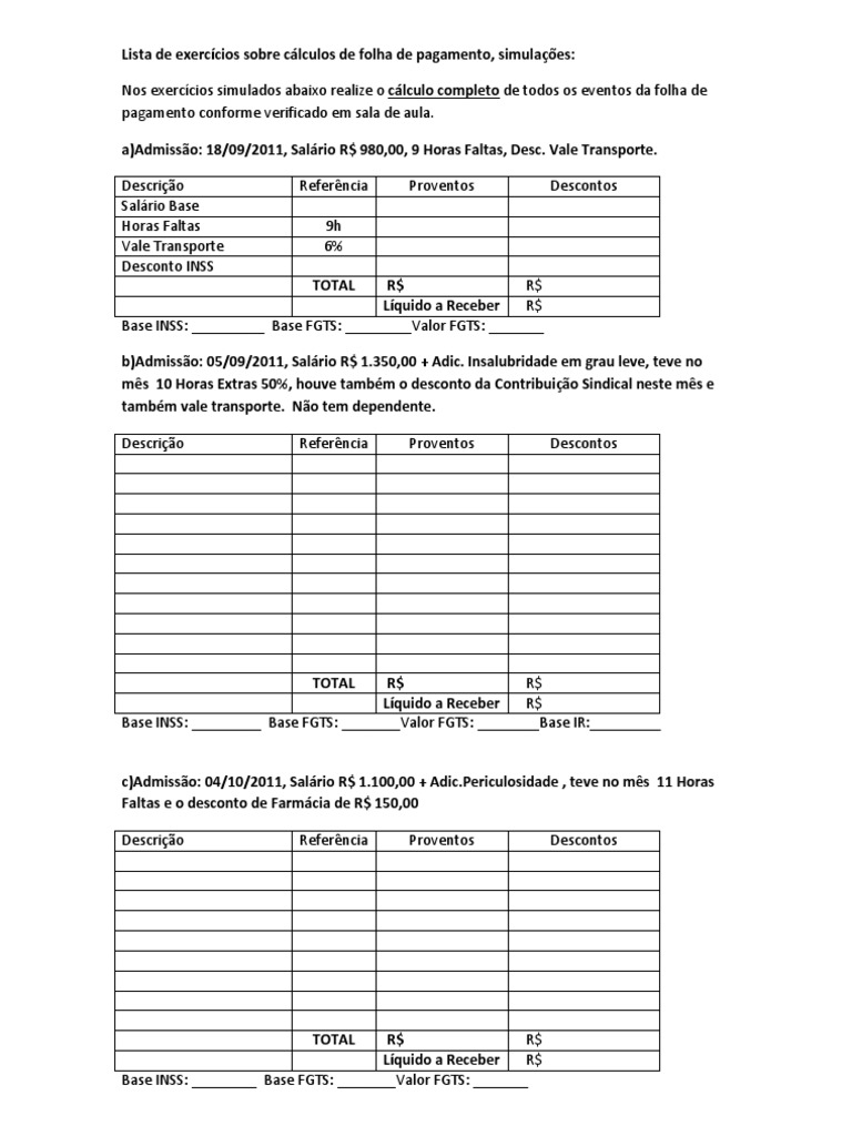 9526 Exerc Cios Sobre Folha de Pagamento PDF | PDF