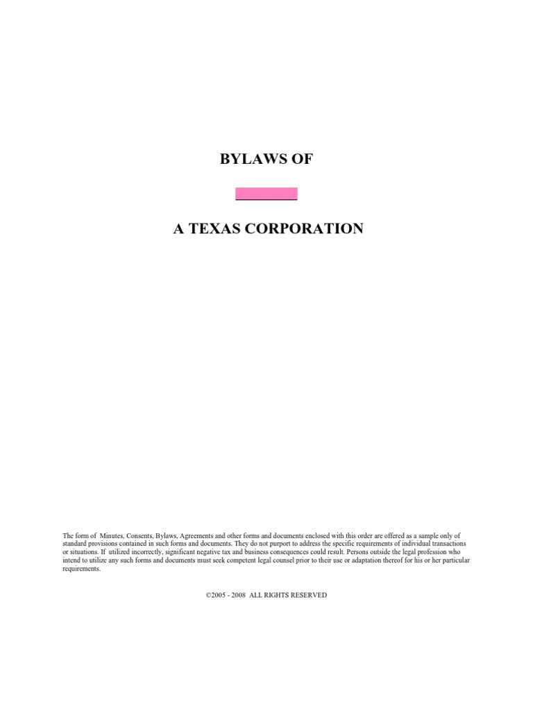 Bylaws of A Texas Corporation | PDF | Board Of Directors | Corporations
