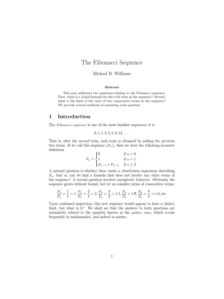 The Fibonacci Sequence: Michael B. Williams | PDF | Eigenvalues And Eigenvectors | Linear Algebra