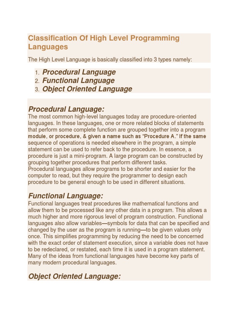 Classification of High Level Programming Languages: Procedural Language Functional Language ...
