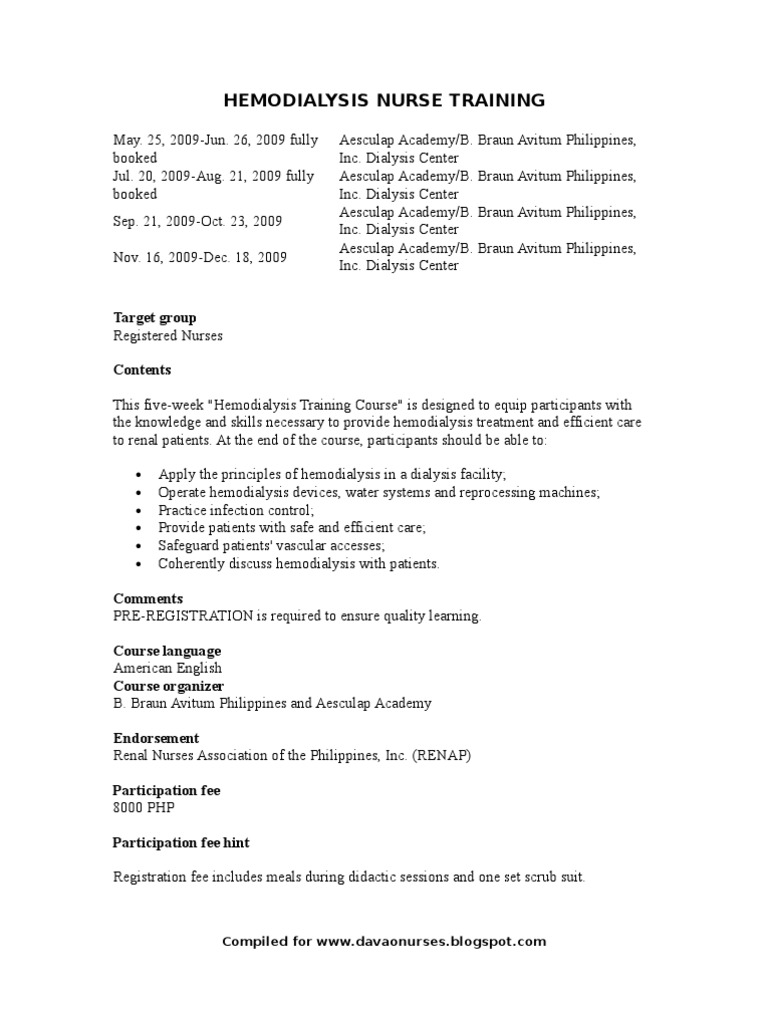 Hemodialysis Nurse Training | PDF