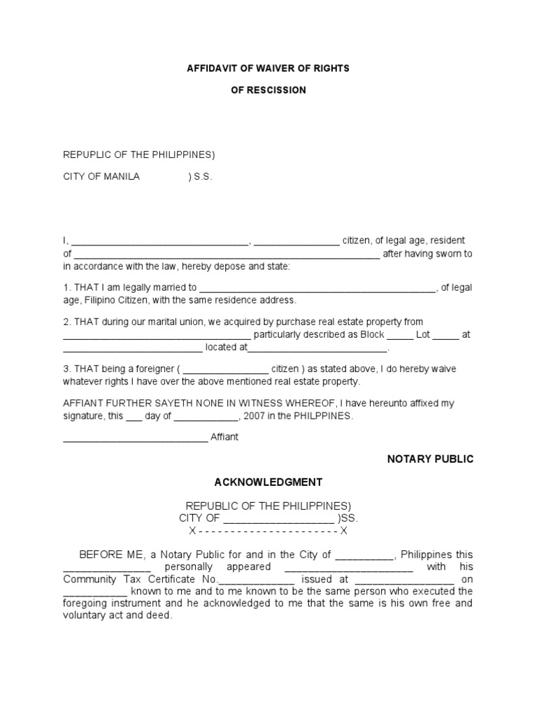 Affidavit of Waiver | PDF | Affidavit | Notary Public