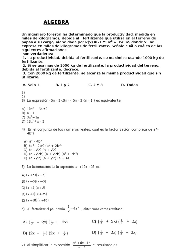 Practica Algebra | PDF | Factorización | Notación Matemática