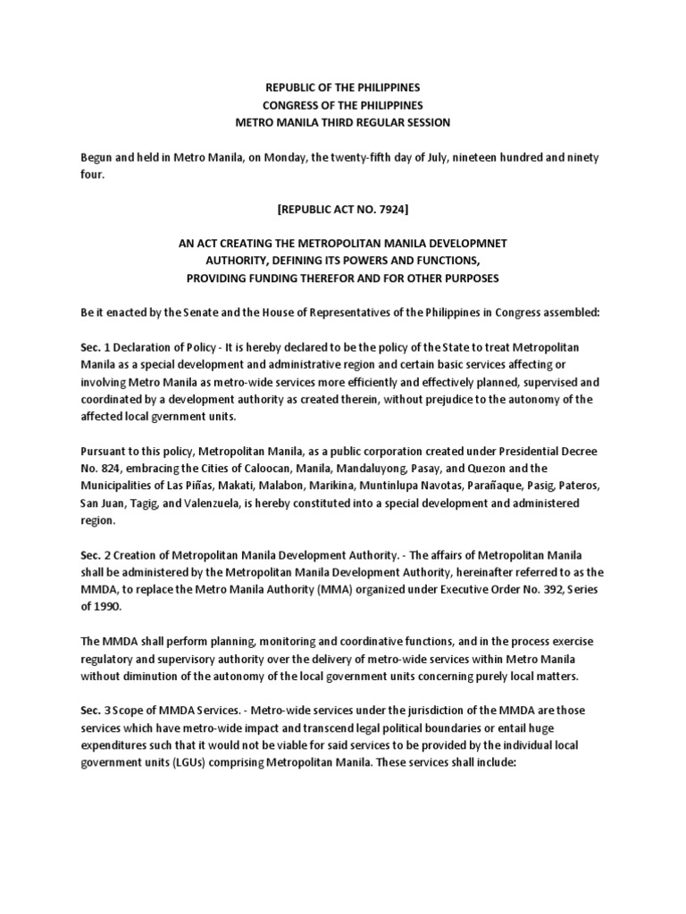 Ra 7924 Mmda and Mmda Vs Bel-Air | PDF | Metro Manila | Sanitation