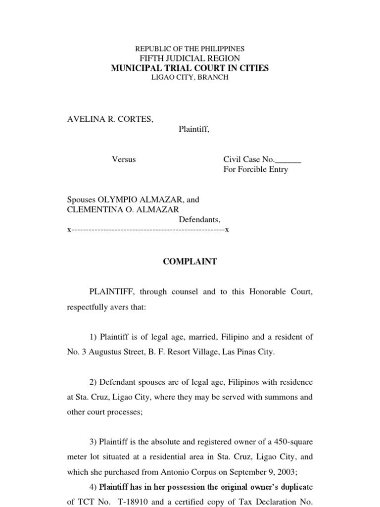 Forcible Entry Complaint in Ligao City | PDF | Plaintiff | Lawsuit
