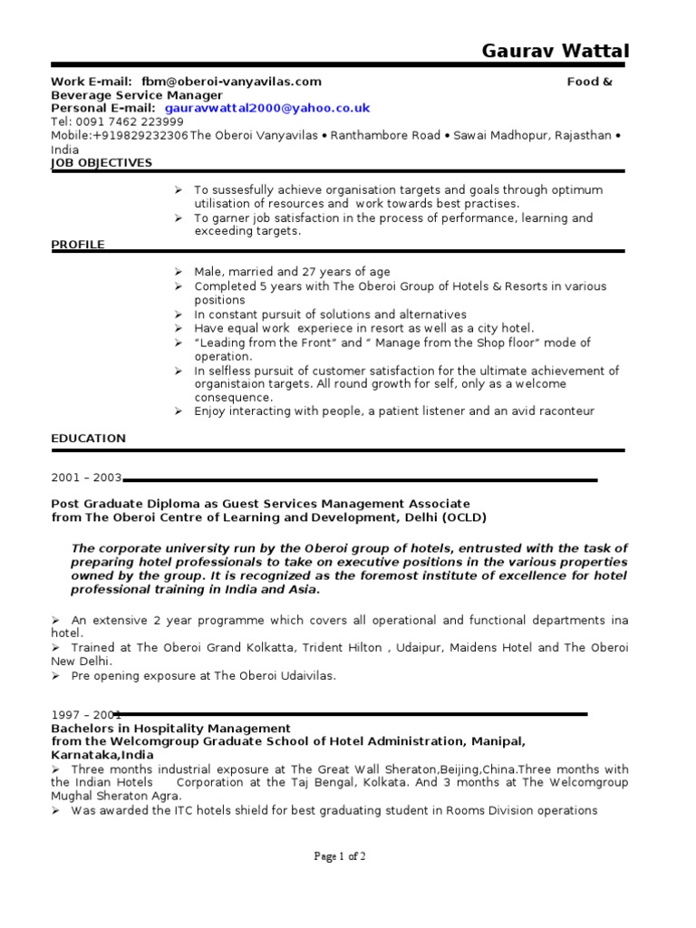 Gaurav CV | PDF | Hotel | Hotel And Accommodation