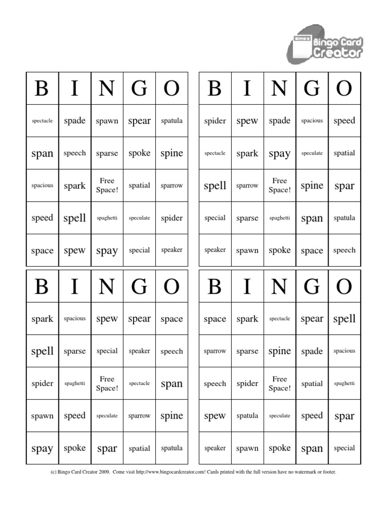 Words Beginning With SP, Bingo Card | PDF