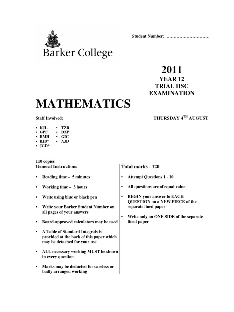 Mathematics: Year 12 Trial HSC Examination | PDF