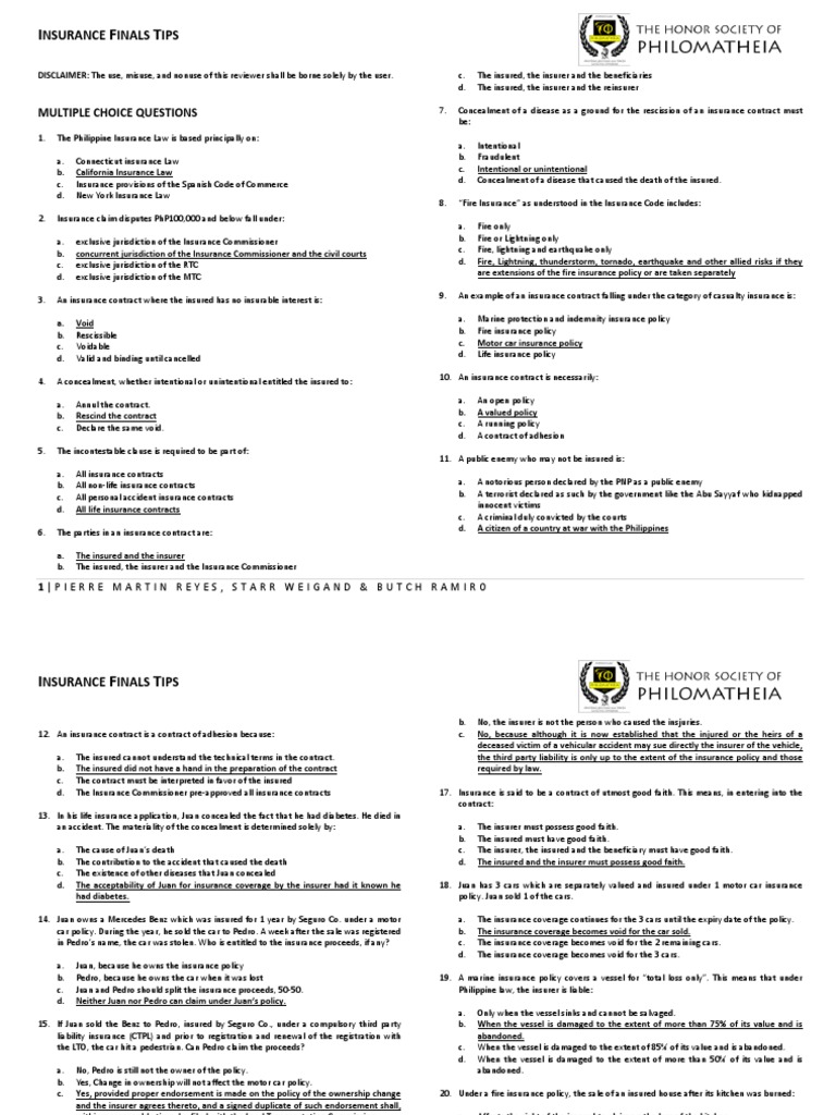 Insurance Finals Tips: Key Concepts and Multiple Choice Questions for ...