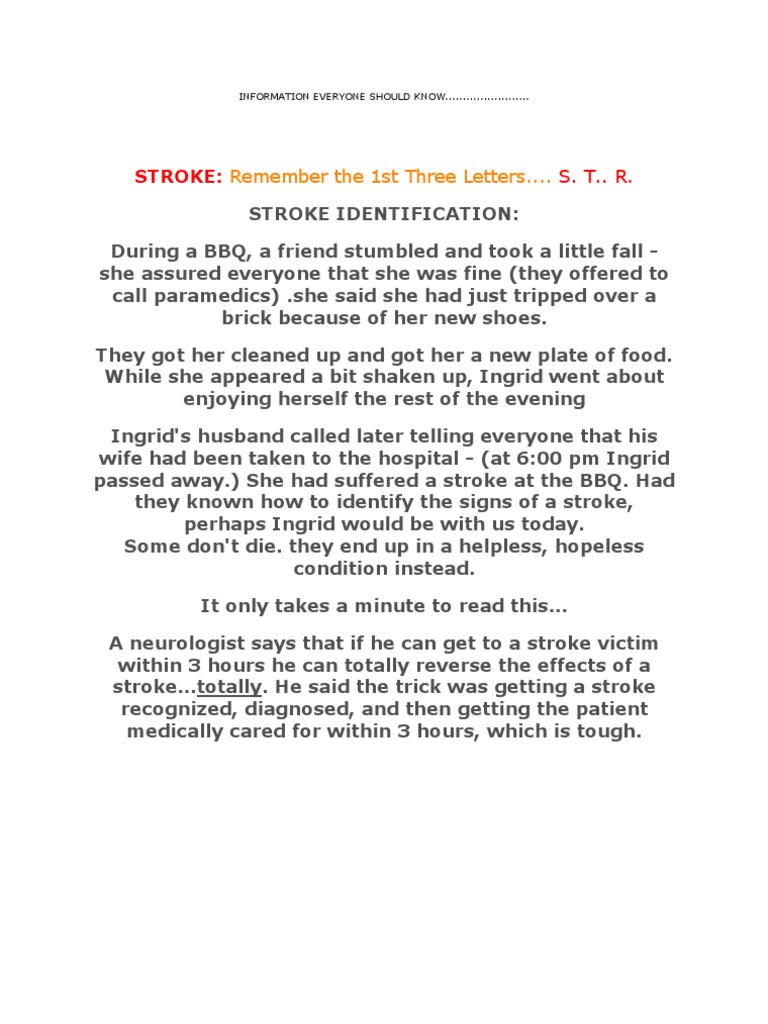 Stroke: S. T.. R.: Remember The 1st Three Letters... | PDF | Self ...