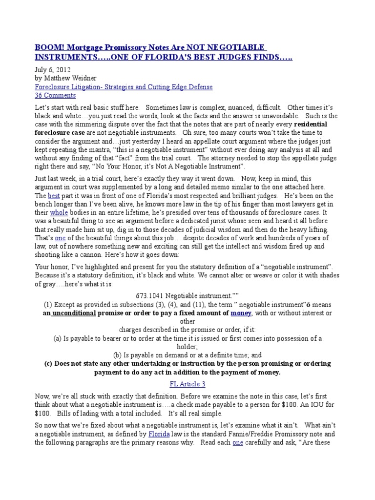 BOOM! Mortgage Promissory Notes Are NOT NEGOTIABLE INSTRUMENTS ..ONE OF ...