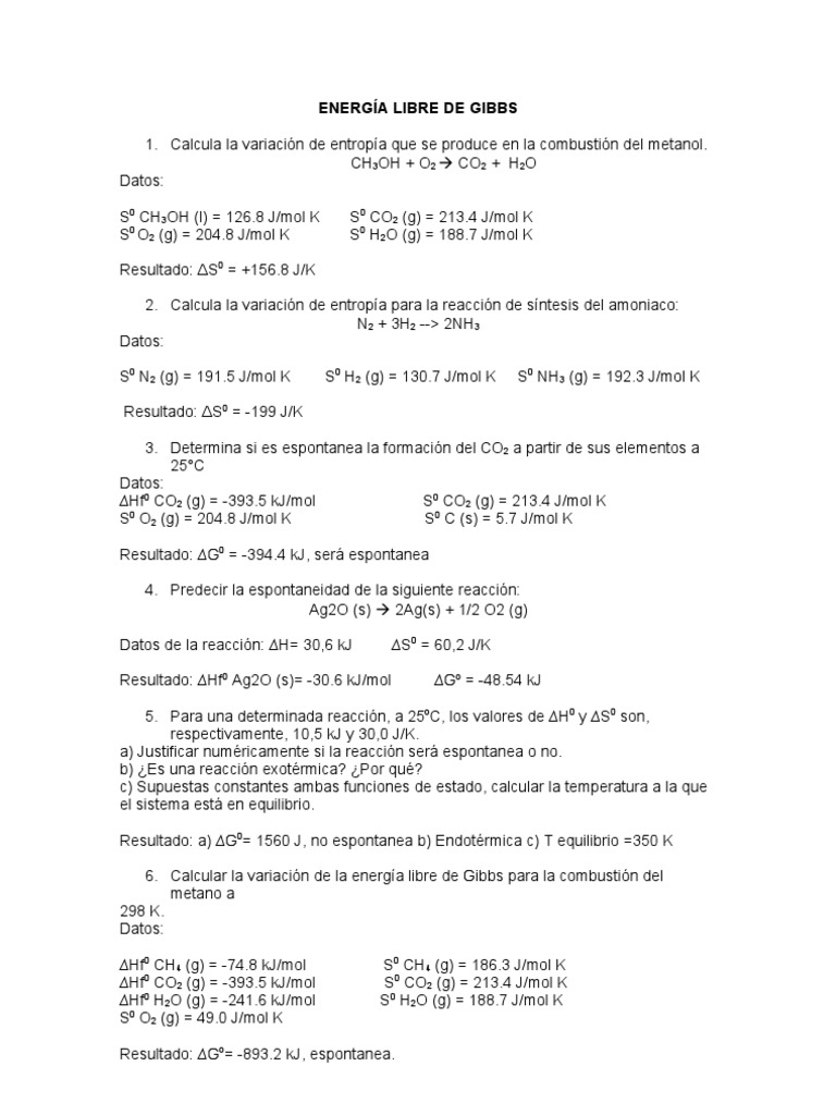 Energía Libre de Gibbs Ejercicios | PDF