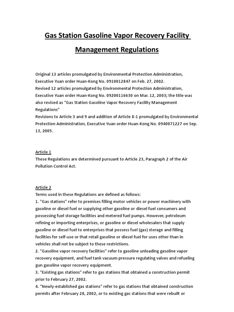 Gas Station Gasoline Vapor Recovery Facility Management Regulations ...