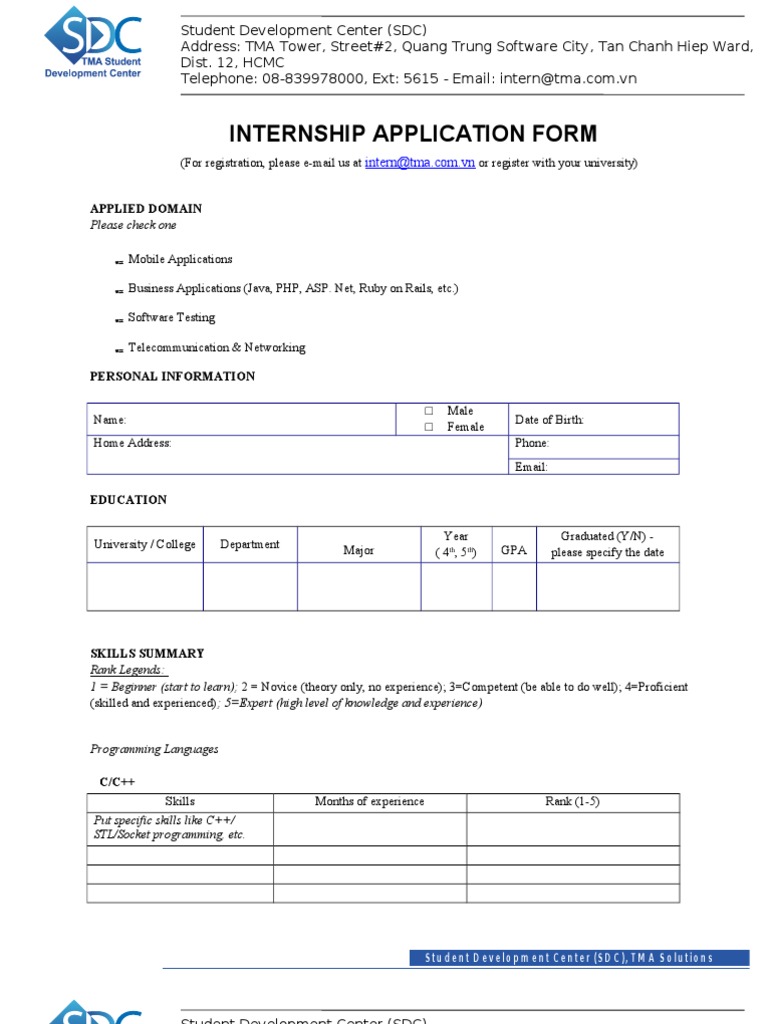 Internship Application Form Skill Email