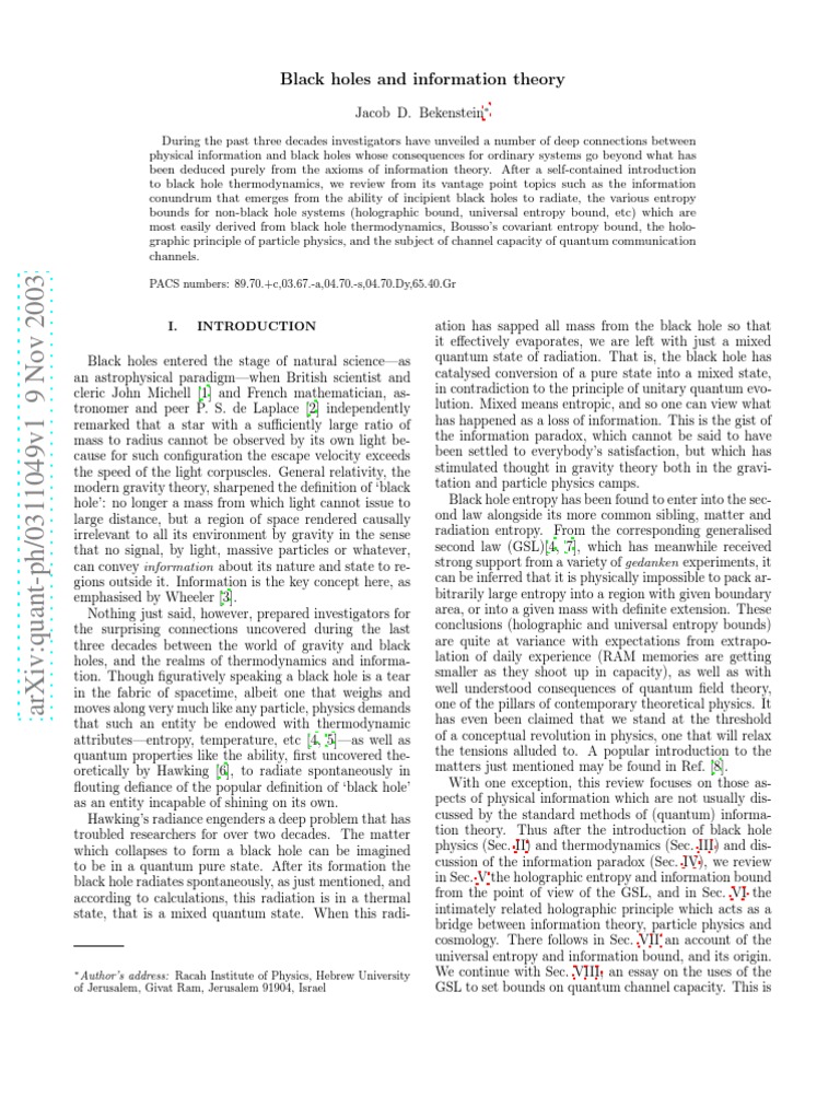 Black Holes and Information Theory - by Jacob D. Bekenstein | PDF ...