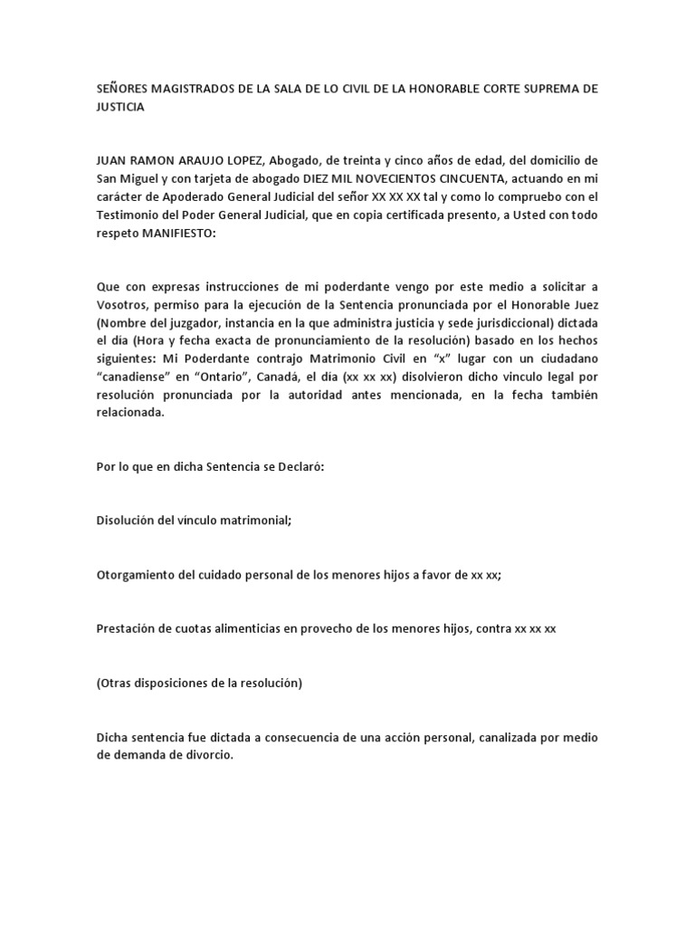 Modelo Solicitud Exequatur | PDF | Sentencia (Ley) | Juez