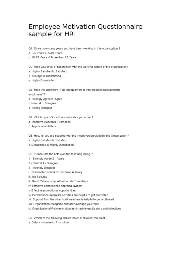 Questionnaire On Motivation Employment Motivation