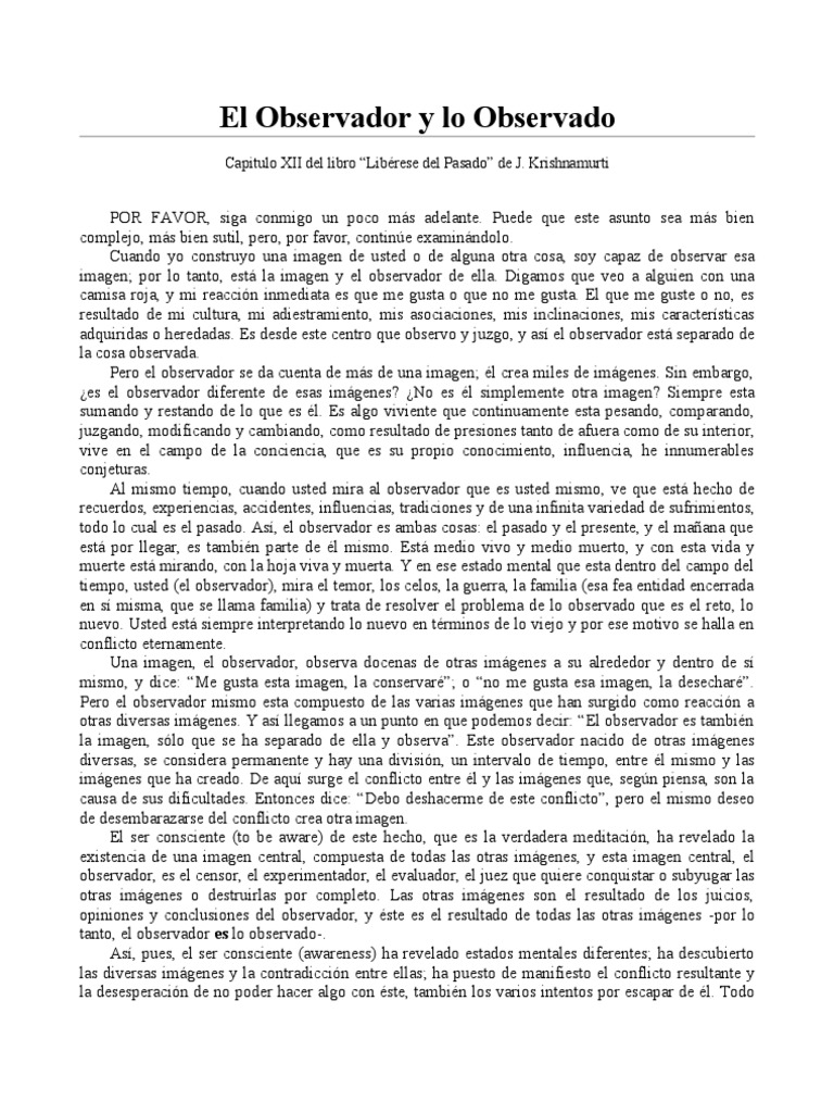 El Observador y lo Observado en Krishnamurti | PDF | Imagen | Conflicto ...