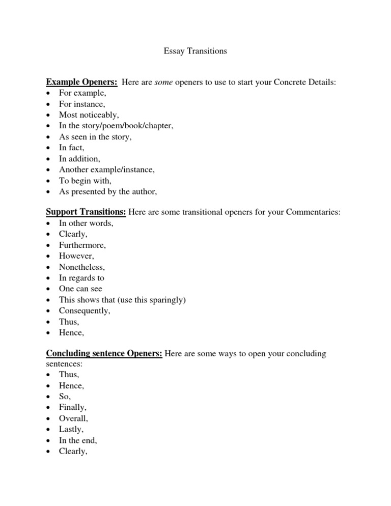 Essay Transition Words and Openers | PDF