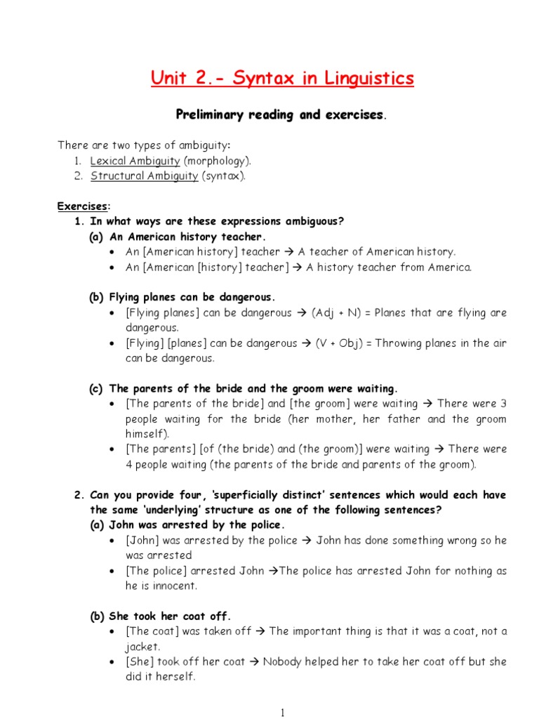 Unit 2. - Syntax in Linguistics (No Unit 1 Preliminary Unit) | PDF | Linguistics | Semantics