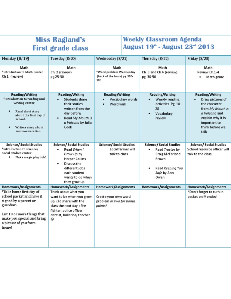 First Grade Weekly Agenda: Aug 19-23 | PDF | Language Arts & Discipline ...