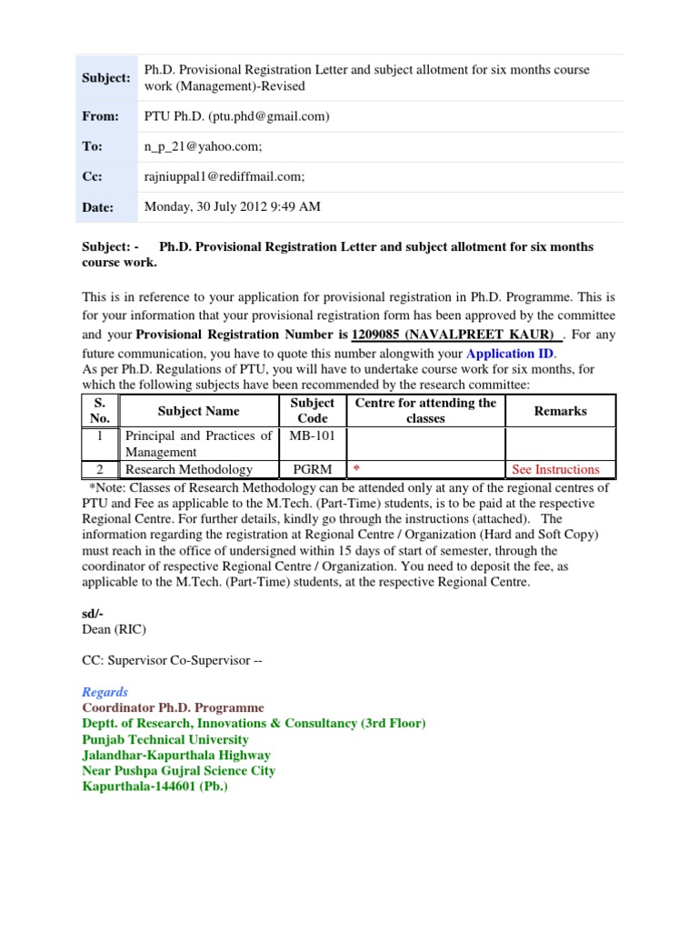 Registration Letter | PDF | Doctor Of Philosophy | Academia