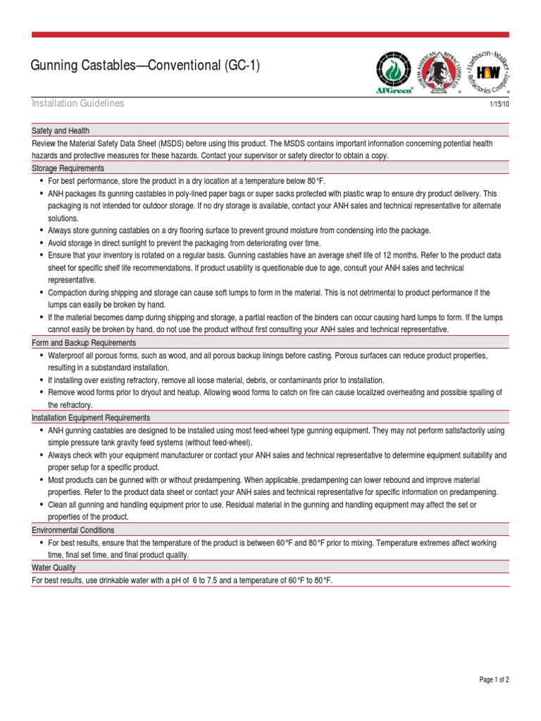 Gunning Castables Installation Guide | PDF | Refractory | Shelf Life